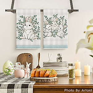 Artoid Mode Buffalo Plaid Rabbit Bunny Eucalyptus Leaves Easter Kitchen Towels Dish Towels, 18x26 Inch Seasonal Spring Holiday Decoration Hand Towels Set of 2