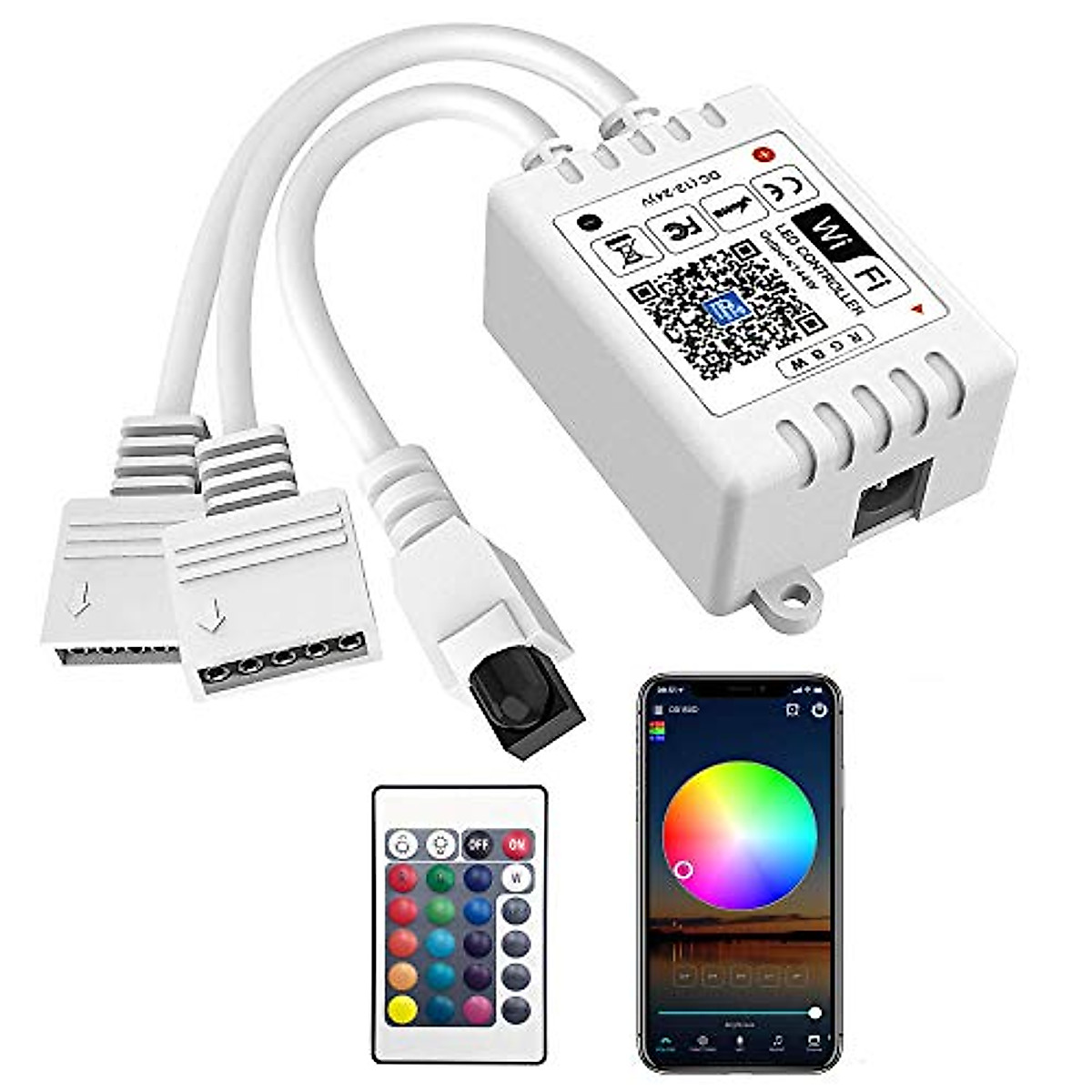 Smart WiFi RGBW LED Controller 2-Output 5 Pin with 24-Key Remote,Compatible with Alexa&Google Assistant,Voice/APP/Music Control Strip Lights for Android/iOS System,WiFi LED Controller Only(New)