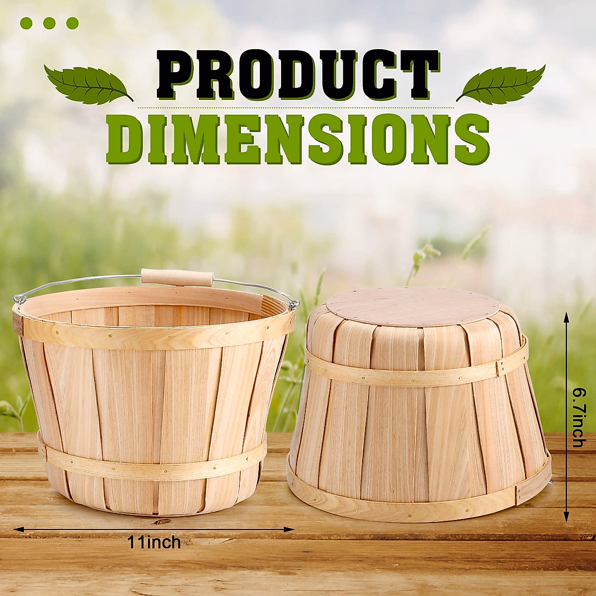 6 Pack 11 x 6.7'' Large Round Wooden Baskets with Handles, Handmade Wood Basket, Bushel Baskets, Farmers Market Baskets, Apple Baskets, Wooden Baskets for Indoors Outside Personal or Commercial Use