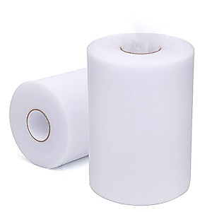 2 Pcs Tulle Fabric Rolls 6 Inch 100 Yards Polyester Tulle Gift Bow Tulle Roll Spool Fabric for Sewing Table Skirt and Birthday Party Wedding Decorations DIY Crafts Supplies (White)