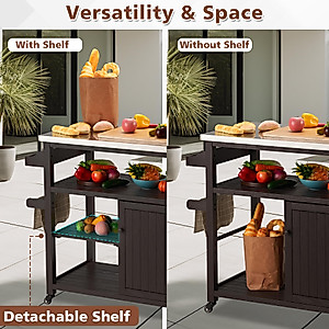 AHB Outdoor Grill Table Solid Wood Storage Cabinet, Rolling Kitchen Island, Movable Bar Cart with Stainless Steel Top for Outside Patio, Backyard, Garden (Brown)