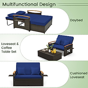 Moccha Outdoor Wicker Daybed, Patio Rattan Loveseat Sofa w/ 4-Level Adjustable Backrest, Folding Panels, Storage Ottoman & Cushions, Lounge Furniture Set for Poolside Backyard Porch (Navy)