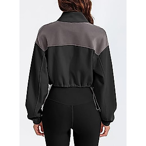 Herseas Women's Black Color Block Fleece Short Workout Jacket Warm Winter Long Sleeve Full Zip Stand Collar Fashion Sherpa Crop Coat Small 4 6