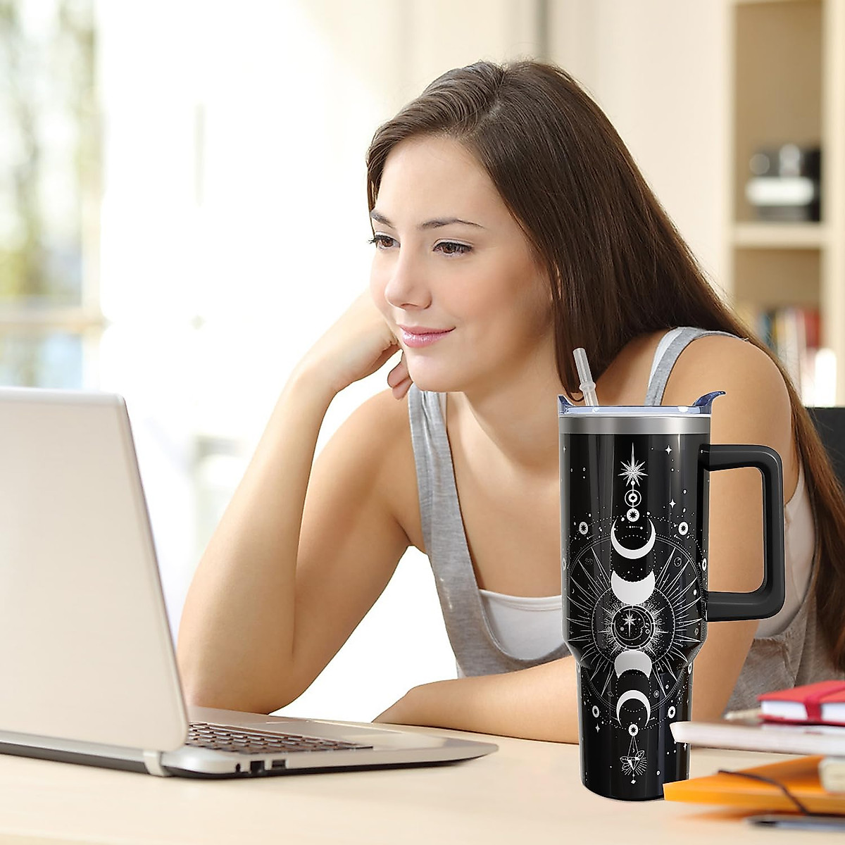 Gonqtoz 40 oz Sun And Moon Tumbler With handle and straw,Stainless Steel Cup Extra Large Vacuum Double Wall Insulated Tumblers Travel Mug,Hot and cold beverages Car Cup