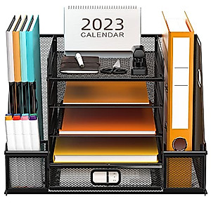 DALTACK Desk Organizer with File Holder, 5-Tier Paper Letter Tray Organizer with Magazine Holder and Drawer, Desk Organizers and Accessories for Office School Supplies, Black, Metal Mesh