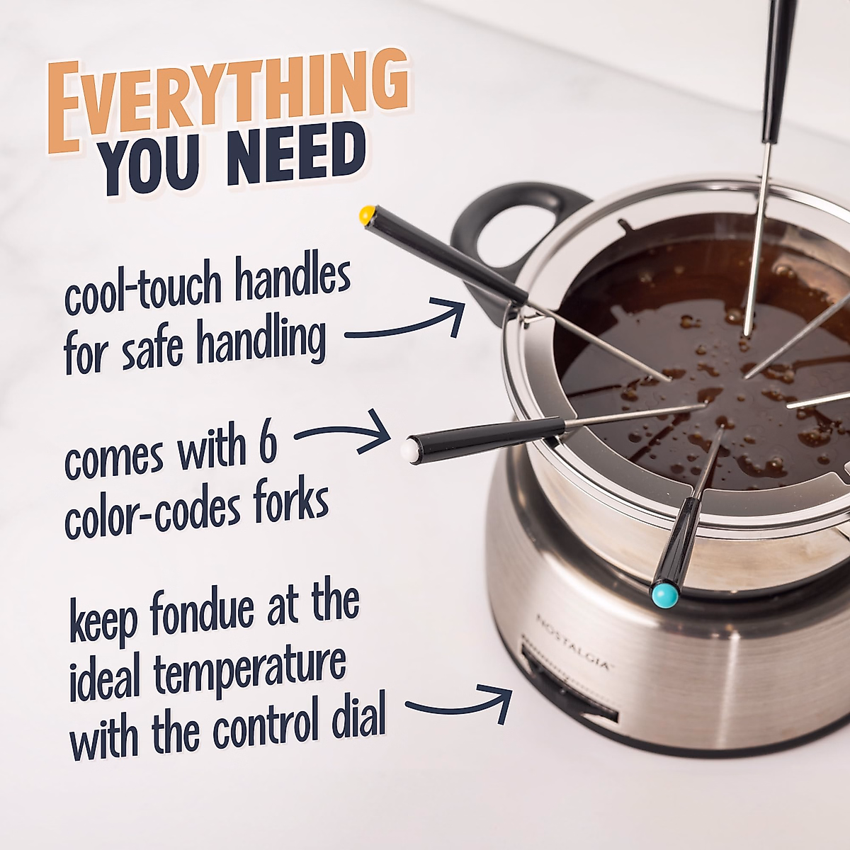 Nostalgia 6-Cup Stainless Steel Electric Fondue Pot Set with Temperature Control, 6 Color-Coded Forks, and Removable Pot - Fondue Pot for Chocolate, Candy Melts, Caramel, Cheese, Sauces, and More