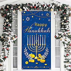 Happy Hanukkah Door Banner Chanukah Door Cover Hanukkah Banner Hanukkah Hanging Welcome Sign Banner Fabric Photography Prop for Jewish Festival Holiday Decorations Hanukkah Party Supplies