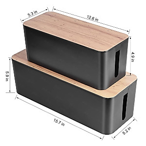 Cable Management Box, 2 Pack Large & Medium Bamboo Style Cable Organizer Box with 17 PCS Cable Management Set, Cord Organizer Box to Hide Surge Protector on Desk or Floor (Black)