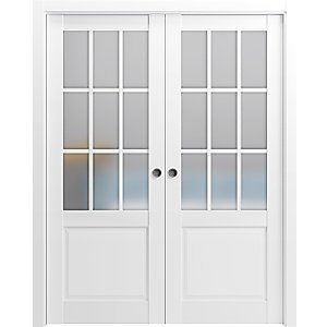 SARTODOORS Sliding French Double Pocket Doors 72 x 96 inches Frosted Glass 9 Lites| Felicia 3309 Matte White | Kit Trims Rail Hardware | Solid Wood Interior Bedroom Sturdy Doors