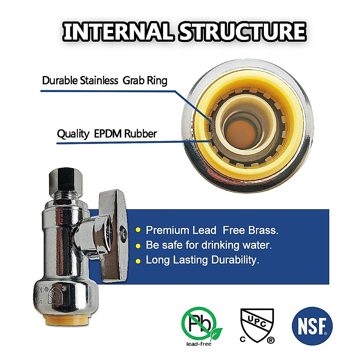 HQMPC Straight Angle Valve Push Fit Water Stop Valve 1/2"X1/4" 6Pcs No Lead Compression Push Fit Angle Shut Off Water Valve with Disconnect Clip, Push-to-Connect, PEX, Copper, CPVC 2Pcs