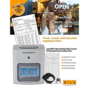 Nile Products 4500PP Calculating Time Clock, Small Business Punch Pak, up to 50 Employees, Includes 25 Time Cards, 1 Ink Ribbon and 2 Security Keys