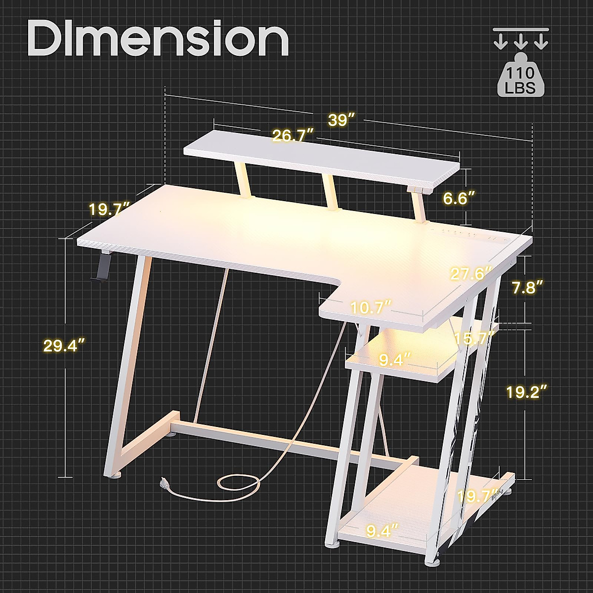 MOTPK White Gaming Desk L Shaped with LED Lights, Small Corner Computer Desk 39inch with Power Outlets, Gaming Table with PC Storage Shelf, Gamer Desk with Monitor Shelf, Carbon Fiber Texture