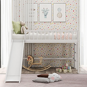 Majnesvon Twin Loft Bed with Slide,Wood Loft Bed Low Profile for Boys Girls, Built-in Ladder and Guard Rail,No Box Spring Needed