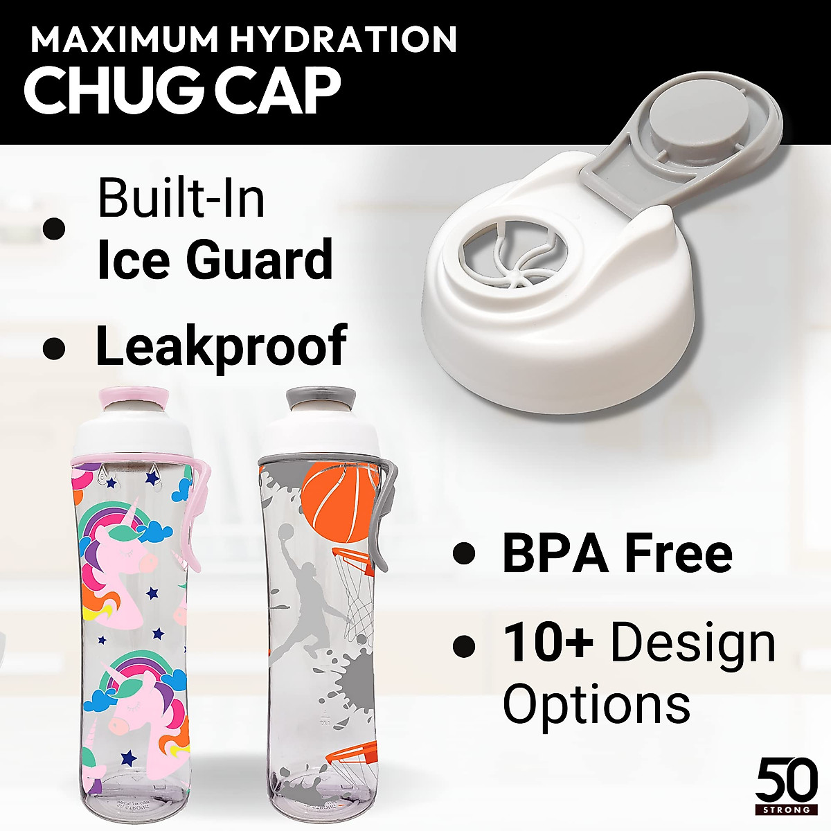 50 Strong Kids Water Bottle with Chug Lid and Easy Carry Handle | 24 oz BPA-Free Tritan Cup with Leakproof Cap | Reusable and Durable for Boys, Girls, School, and Sports | Made in USA (Video Games)