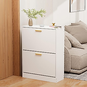 JOZZBY Shoe Cabinet Storage for Entryway, Slim White Hidden Shoe Organizer Cabinet with 2 Flip Drawers, Wooden Narrow Shoe Rack with 2 Tier Freestanding for Hallway, Living Room