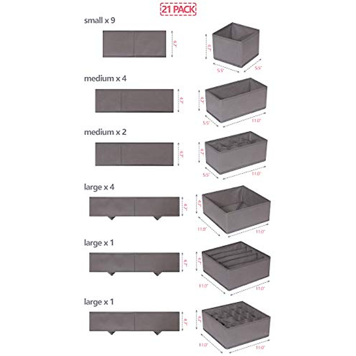 DIOMMELL 21 Pack Foldable Cloth Storage Box Closet Dresser Drawer Organizer Fabric Baskets Bins Containers Divider for Baby Clothes Underwear Bras Socks Lingerie Clothing,M Grey 11-4249