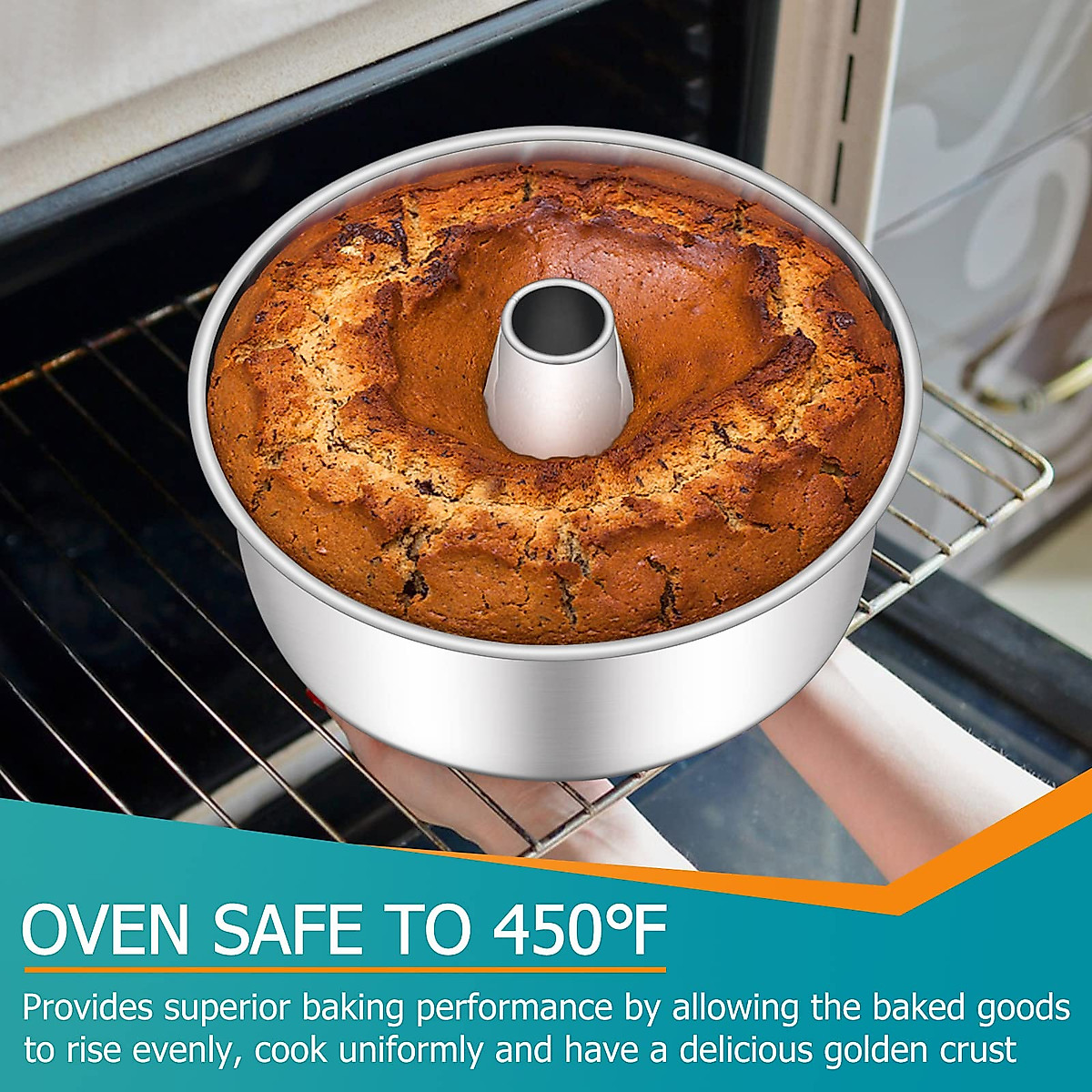 E-far Angel Food Cake Pan Set of 2, 10-Inch Stainless Steel Tube Pan for Baking Pound Chiffon Cake, One-piece Design & Non-toxic, Dishwasher Safe