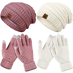 Jeere 4 Pieces Winter Glove and Hat Set Winter Hat Touchscreen Gloves Warm Knitted Beanie Hats and Gloves for Women (Pink, White)