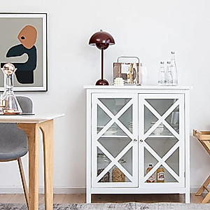 LOKO Buffet Cabinet, Kitchen Storage Cabinet with Tempered Glass Doors & Adjustable Shelves, Sideboard Cabinet Liquor Cabinet for Kitchen, Living Room, 35.5 x 15.5 x 38 inches (White)