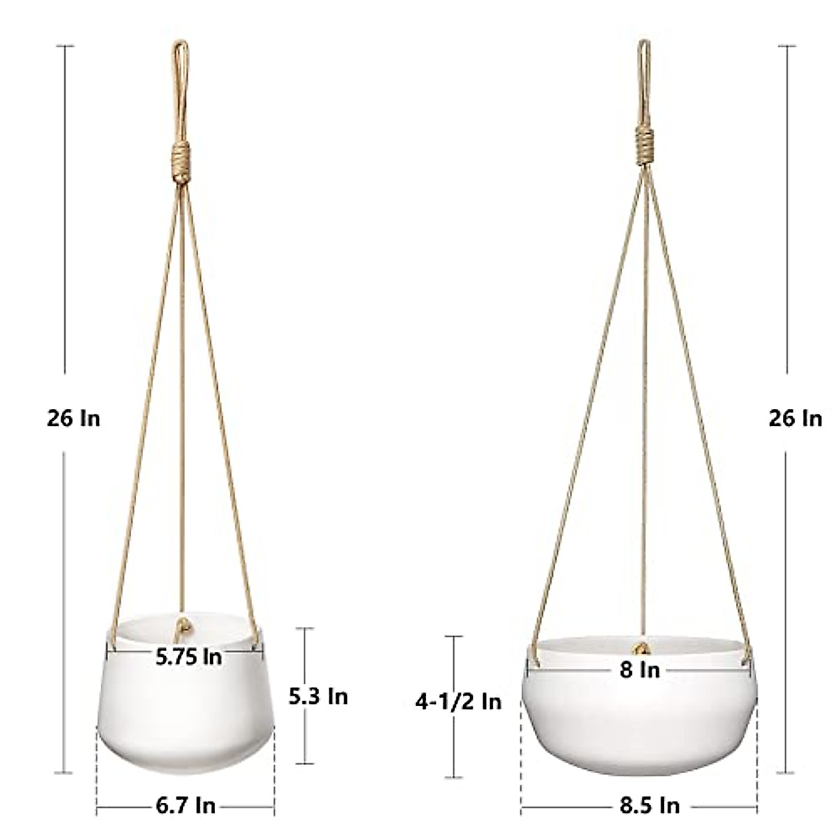 Mkono Ceramic Hanging Planter of Shallow 8 Inch and Deep 6 Inch for Indoor Outdoor Plants, Set of 2 Modern Plant Pot Geometric Porcelain Hanging Basket with Polyester Rope Hanger for Herbs Ferns Ivy