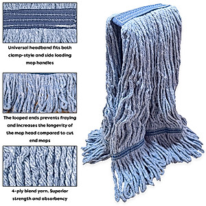 GSD Brand Blue Commercial Mop Head Replacement. Looped End Prevents Tangling and Twisting. Industrial Mop Heads. Synthetic Cotton Blend for Maximum Absorption. Wide Universal Headband. 3 Pack