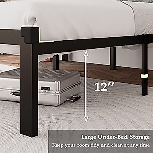 Feonase Queen Size Metal Bed Frame with Faux Leather Button Tufted Headboard, Heavy-Duty Platform Bed Frame with 12" Storage, Steel Slats Support, No Box Spring Needed, Noise Free, Black