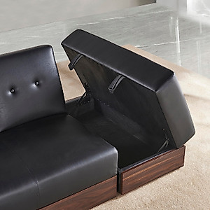 Multi-Functional Sectional Sofa Couch Convertible PU Leather Futon Sofa Sleeper Bed w/Storage Box,Cup Holder,Side 2-Tier Storage Rack, Modern Wood Modular Sofa Couch for Living Room,Black