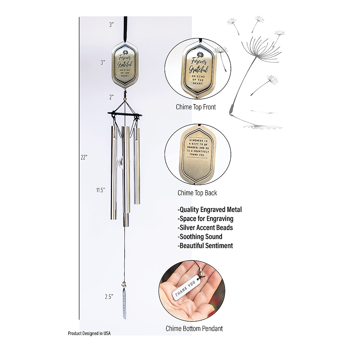 Forever Grateful Wind Chime with Engraved Thank You Message - Unique Gift of Gratitude/Appreciation Gift/Thank You Gift for Special Friend/Family/Coworkers/Teachers/Mentor