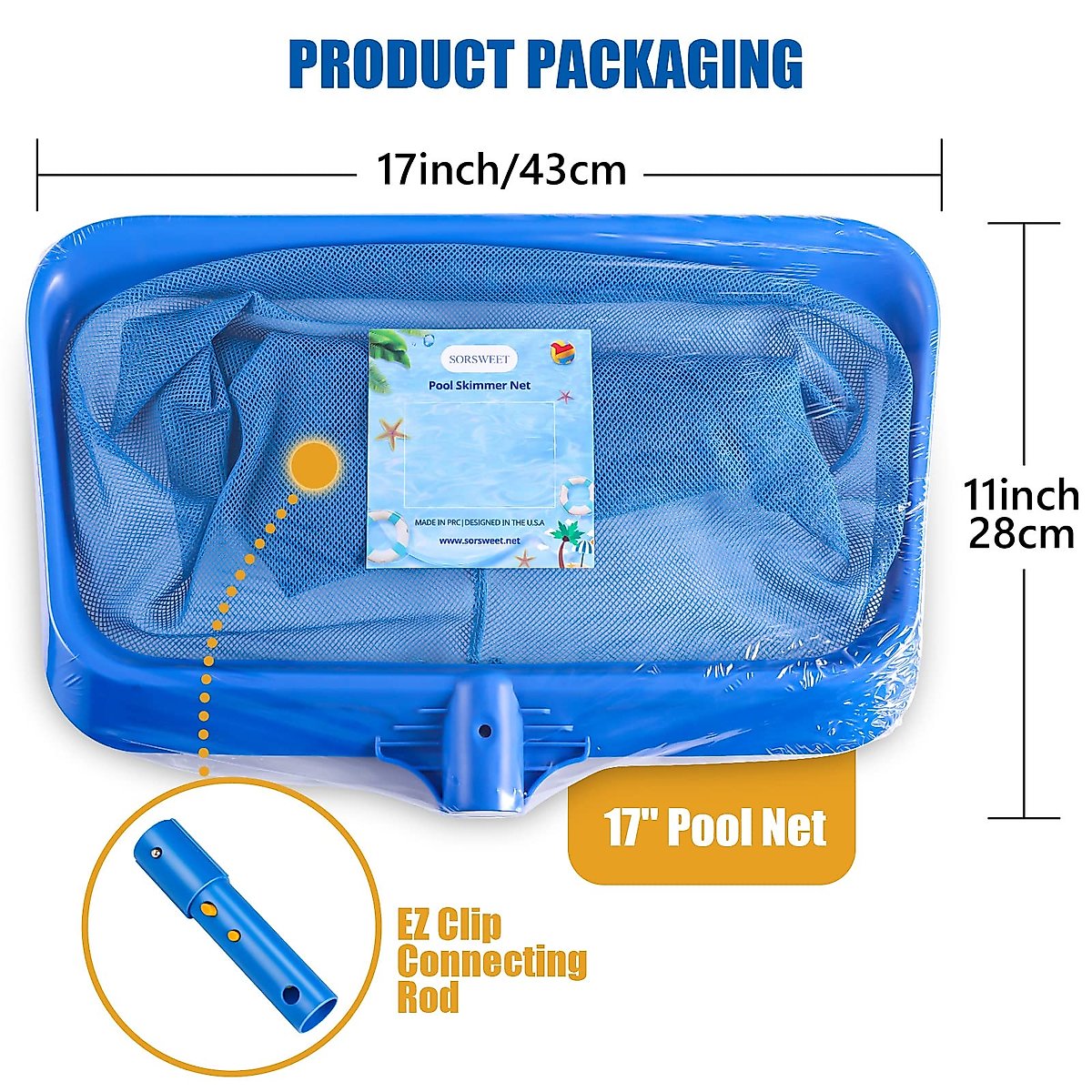 SORSWEET Pool Rake, Heavy Duty 17" Leaf Skimmer Net, Including EZ-Clip, Deep Bag Catcher, Pool Net for Cleaning Pool, Fits Standard 1-1/4" Pole, Pole Not Included