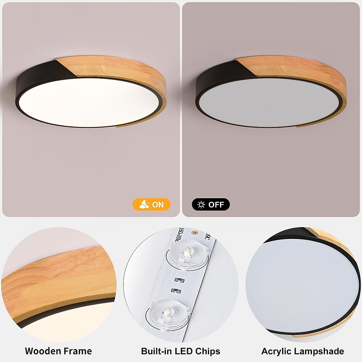 Vikaey Modern LED Ceiling Light, Minimalist Wood Flush Mount Ceiling Light Fixture, 4000K Not Dimmable, Circle Lighting Lamp with Acrylic Lampshade for Bedroom Laundry Room Hallway (Black,11.8")