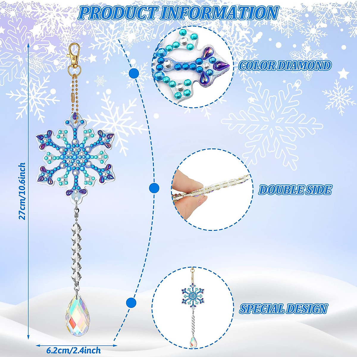 Perthlin 6 Pieces Winter Snowflake Diamond Art Kits Double Sided Diamond Art Suncatchers Wind Chimes Hanging Diamond Art Ornaments Accessories for Kids DIY Crafts Christmas Home Windows Decoration
