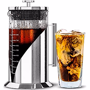 Cafe Du Chateau Start Brewing Perfect Iced Coffee & Tea w/Our Cold Brew Coffee Maker, Pitcher for Fridge (34oz) - Air Tight Seal, Measuring Label - Stainless Steel Iced Coffee Maker Machine, Brewer