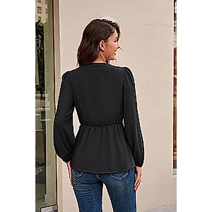 Black Peplum Tops for Women V Neck Tie Front Long Sleeve Shirts Tops Dressy L