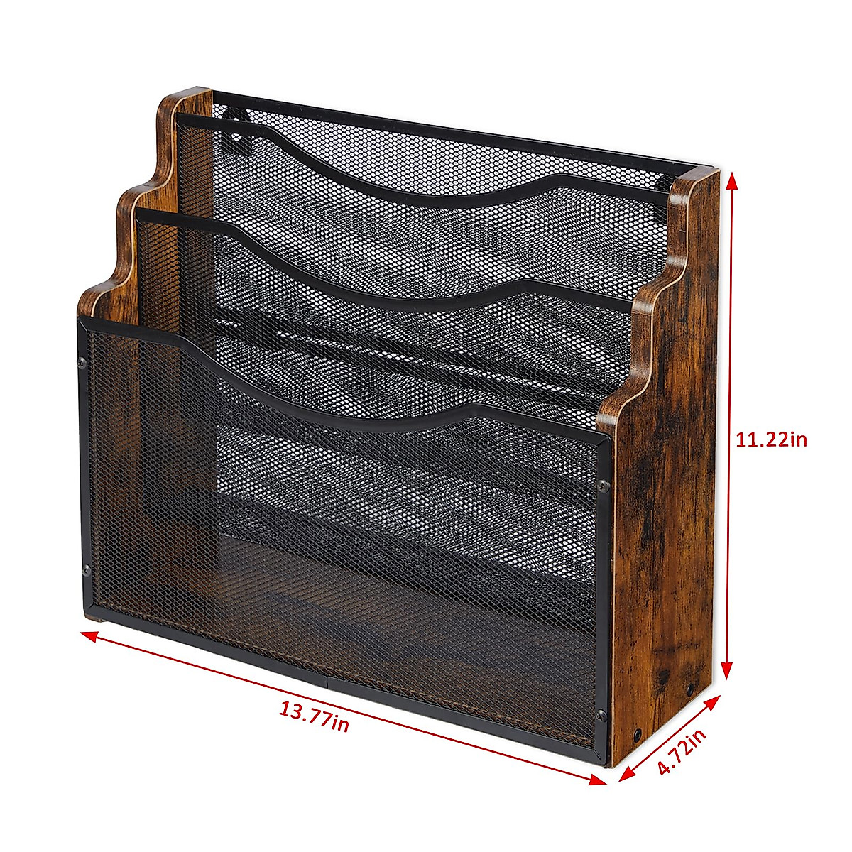 3-Tier Ladder File Organizer, Desk File Organizer with Retro MDF+ Black Metal Frame, Wall Paper Letter Tray Organizer, Wall File Storage Rack, Mesh Desktop Organizers and Accessories for Home Office