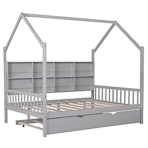 Merax Wood Full Multifunctional Montessori Daybed with Trundle/Storge Shelf Low Day Bed for Kids Boys Girls No Box Spring Needed Gray