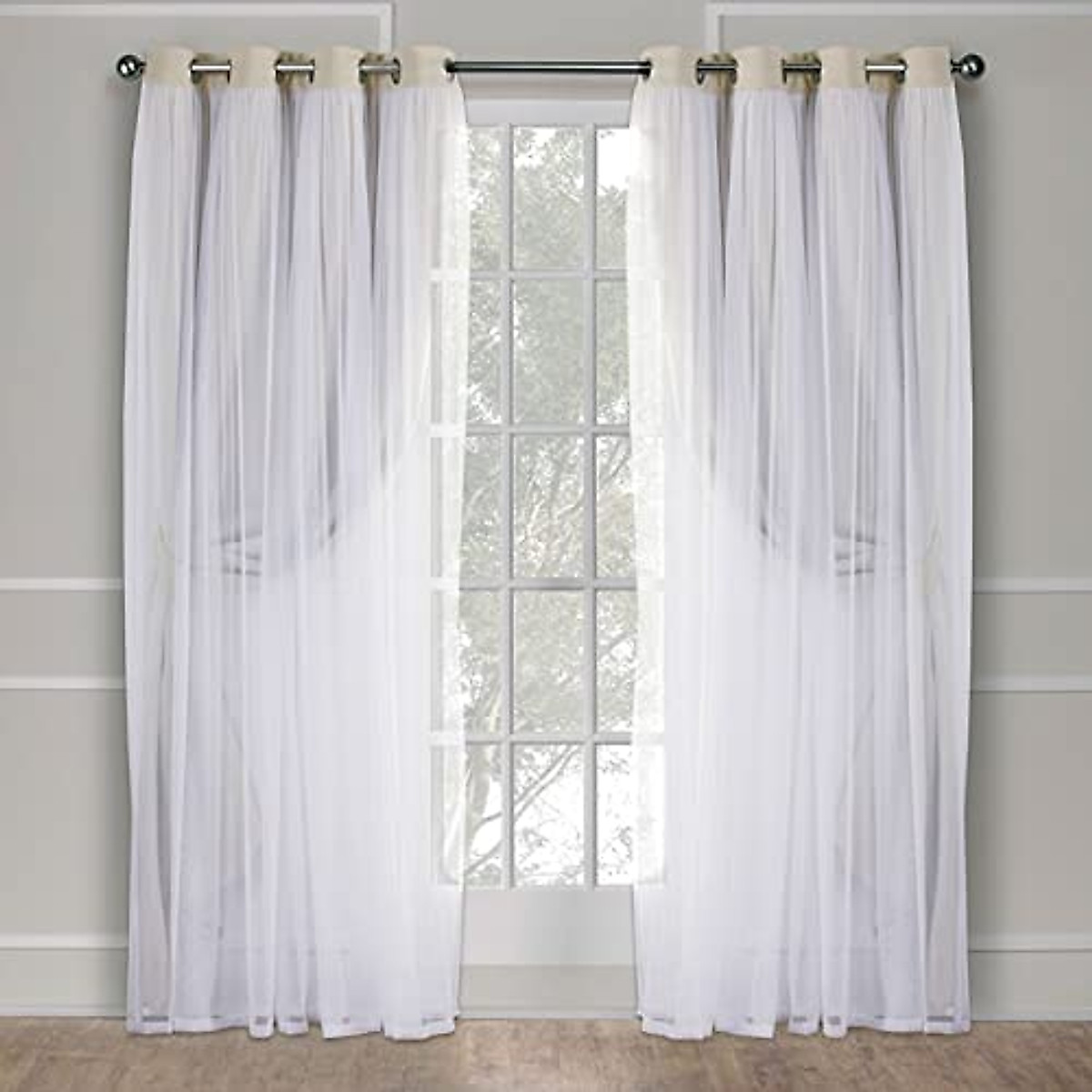 Exclusive Home Catarina Layered Solid Room Darkening Blackout and Sheer Grommet Top Curtain Panel Pair, 52"x84", Sand color