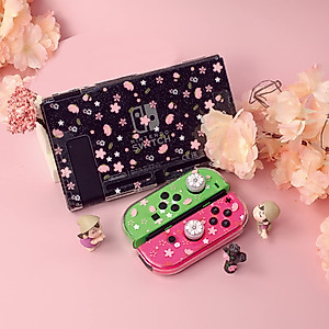 FANPL Glitter Clear Case for Nintendo Switch, Hard Shell Cute Protective Case Cover for Switch and Joy Con Controller with 2 Glitter Cherry Blossoms Thumb Grips - Embossed Feel (Pink Sakura Snow)