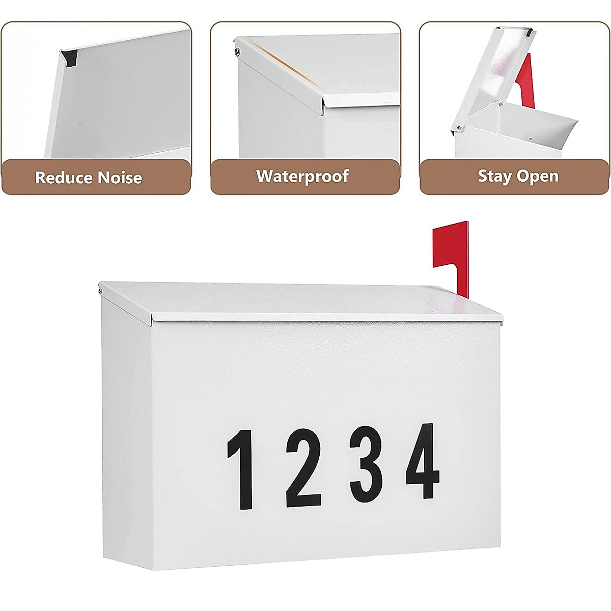 LAND·VOI Wall-Mount Mailbox with One Flag Kit and Three Sets of 0-9 Mailbox Number Stickers, Galvanized Steel Rust-Proof Metal Post Box, Mailboxes for Outside, 4.33" Dx14.2 Wx10.43 H, White AMB03W