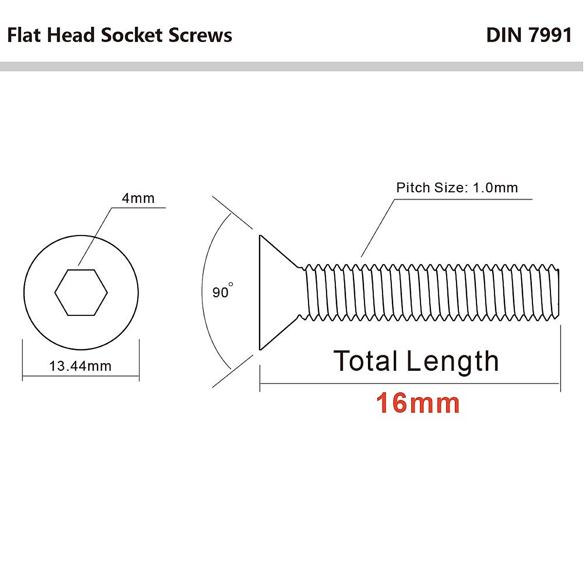 M6-1.0 x 16mm Flat Head Socket Cap Screws, Stainless Steel 18-8 (304), Bright Finish, DIN 7991, Allen Socket Drive, 25 PCS
