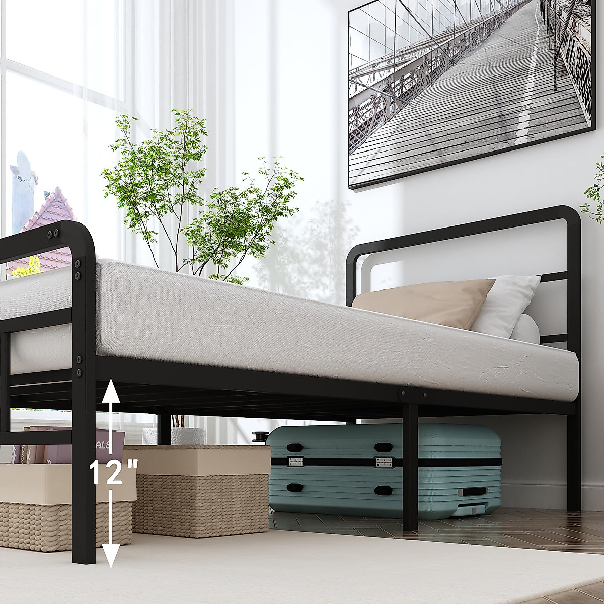 HOBINCHE Twin Size Metal Bed Frame with Headboard and Footboard, 14 Inch Black Heavy Duty Mattress Foundation with Steel Slat Support, No Box Spring Needed, Noise Free