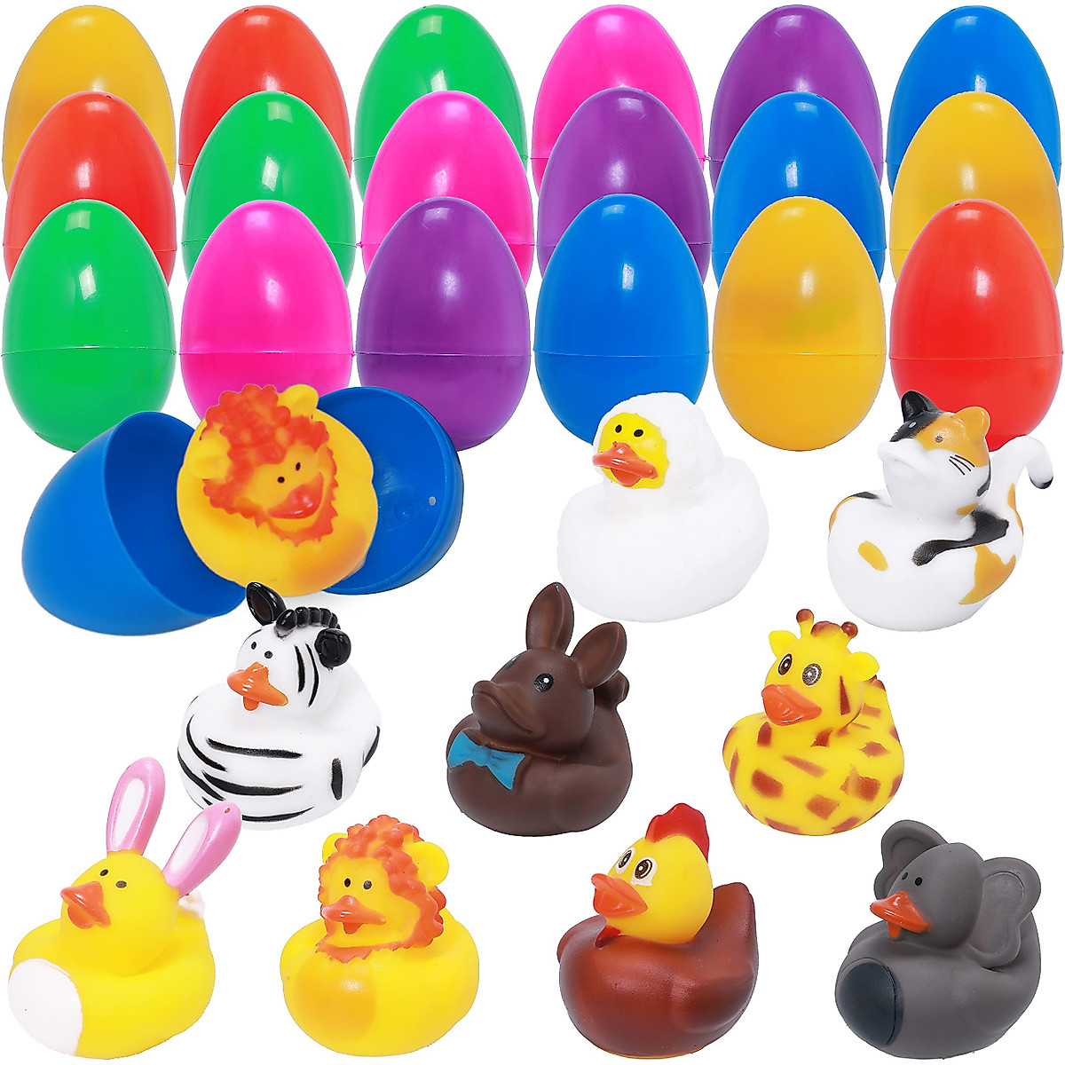 JOYIN 18 Pcs Easter Egg Filled with Animal Rubber Ducks, Easter Theme Party Favor for Kids, Easter Eggs Hunt, Summer Beach, Pool Activity, Basket Stuffers Filler, and Classroom Prize Supplies