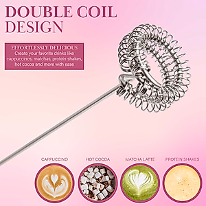 Paris Hilton Electric Handheld Milk Frother with Double Coil Head Whisk and Gold Metal Stand, Battery Powered (2 AA Batteries Required but Not Included), Pink Sparkle Finish