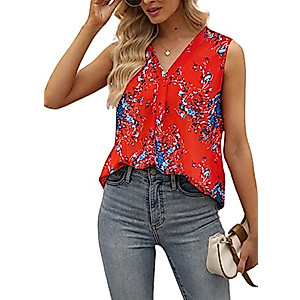 MIDOSOO Summer Tank Tops for Women Elegant Chiffon Sleeveless Shirts Fold Pleated Blouses Floral Red Medium