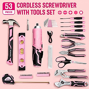 WORKPRO 53-Piece Pink Tool set with Electric Cordless Screwdriver, Basic Tool Kit Set for Women with 13'' Portable Tool Bag for DIY Home Repair/Maintenance - Pink Ribbon