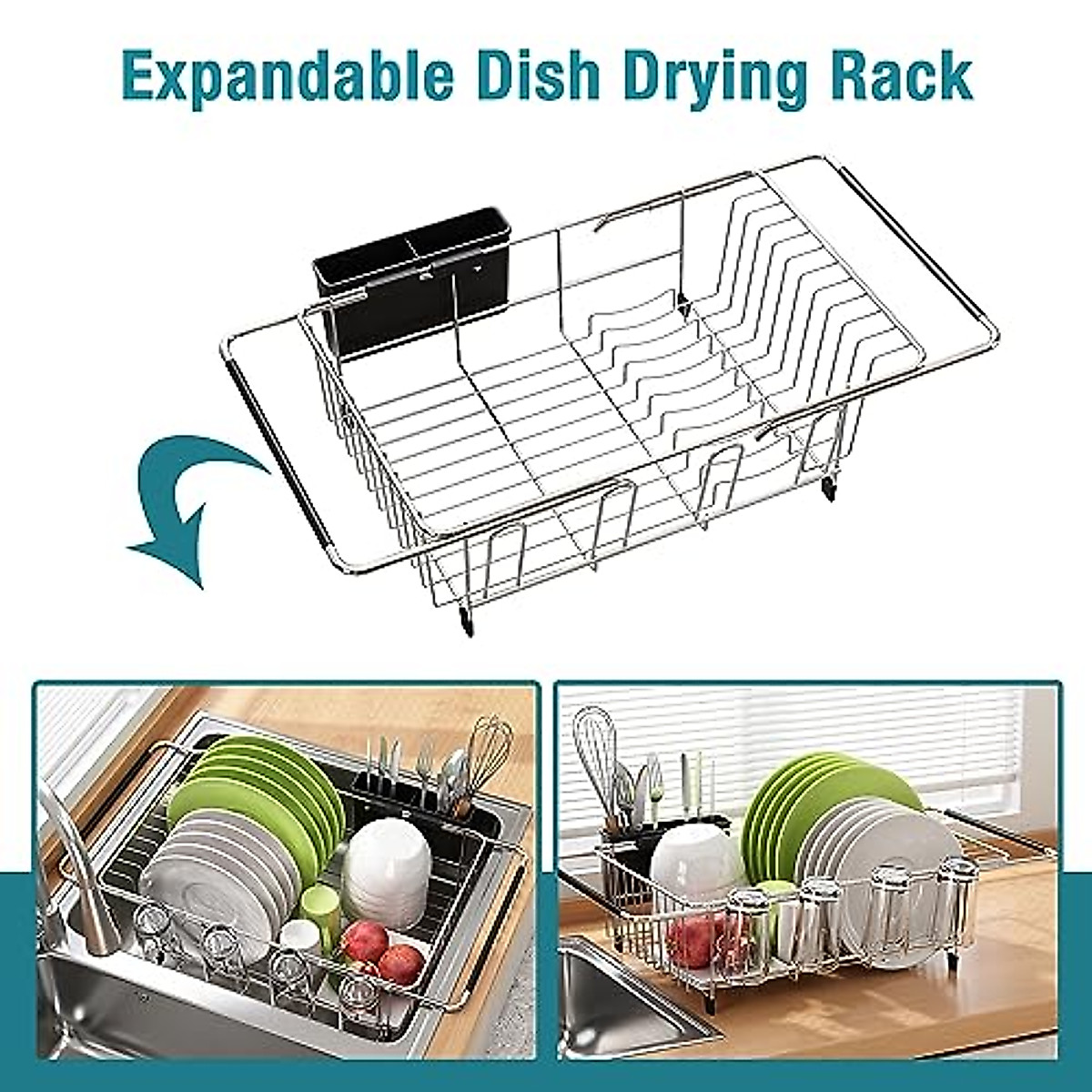 JASIWAY Dish Drying Rack in Sink - Expandable Stainless Steel Dish Drainers for Kitchen Counter, Dish Dryer Rack for Inside Sink, Over The Sink Dish Racks with Utensil Holder, Silver