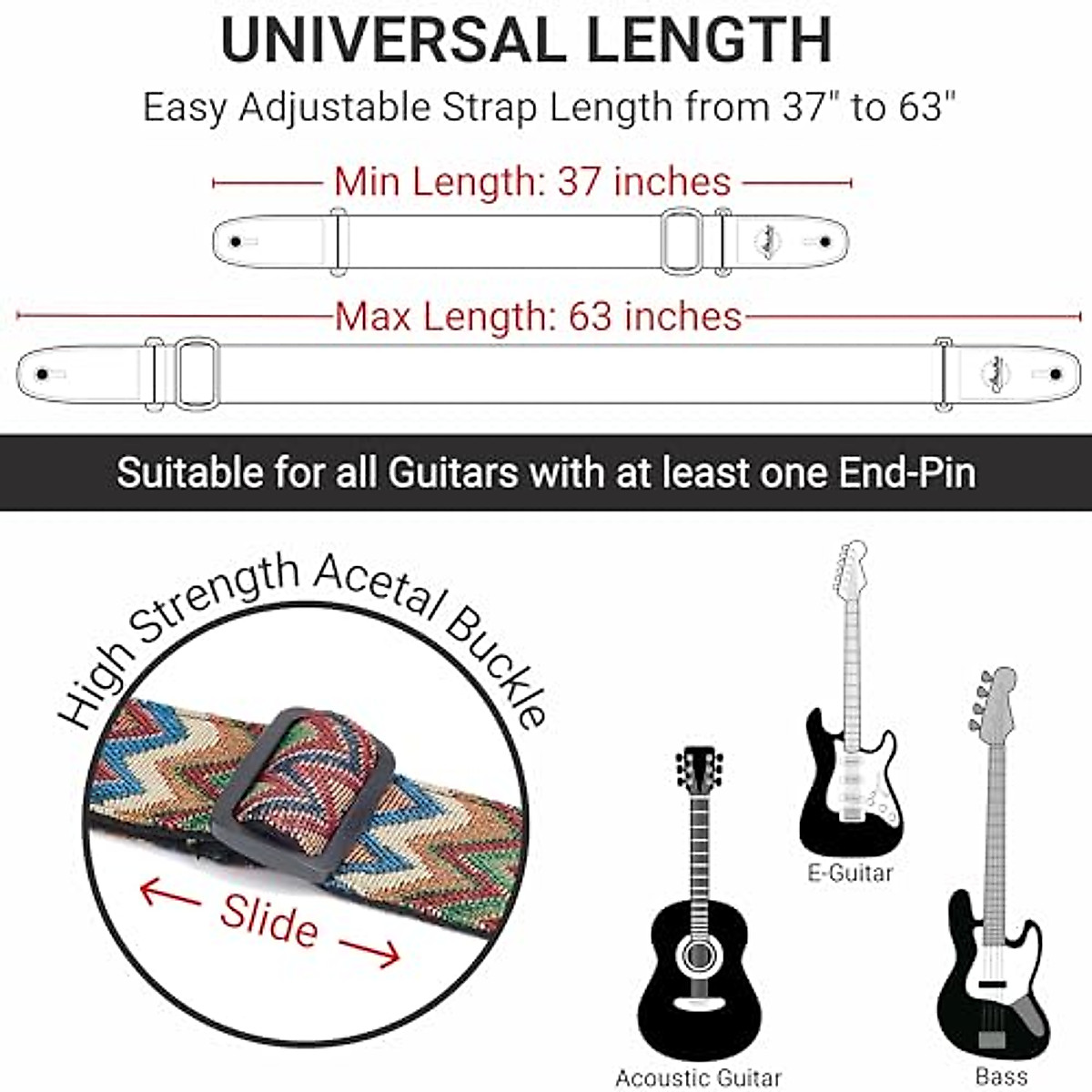 Amumu Chevron Guitar Strap MultiColor for Acoustic Guitar Electric Guitar and Bass Guitar includes Strap Blocks and Headstock Tie
