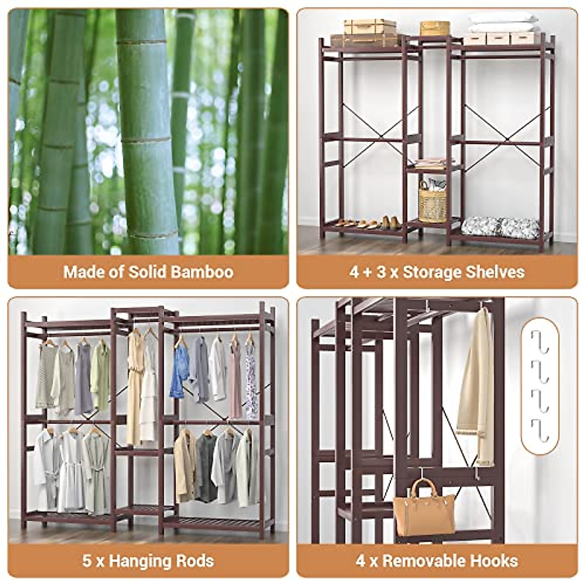 Homykic Bamboo Closet System, Large Clothing Rack Garment Rack for Hanging Clothes, Freestanding Clothes Rack with Shelves and 5 Rods, Stable Open Wardrobe Organizer with 4 Hooks, 70”Wx77”H, Espresso