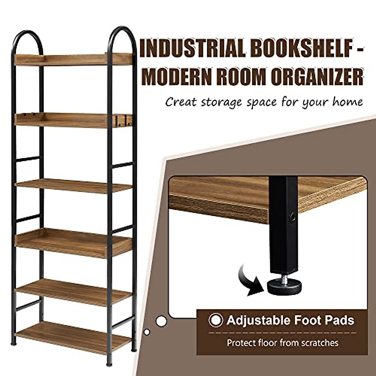 Merax 6 -Tier Tall Bookshelf Bookcase, Open Industrial Open Storage and Display Shelves with Hooks