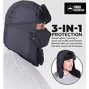 Tough Headwear Winter Trapper Hat with Mask - Russian Ushanka Trooper Aviator Hats for Men & Women -Snow Eskimo Hat with Ear Flaps for Cold - Full Black