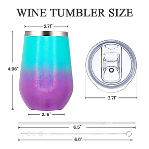 MEWAY Stemless 12oz Insulated Wine Tumbler with Lid and Straw - Double Wall Stainless Steel Thermal Cup for Hot and Cold Drinks, Travel wine glass, Bridal and Baby Shower Game Prizes(Glitter Aurora,1)